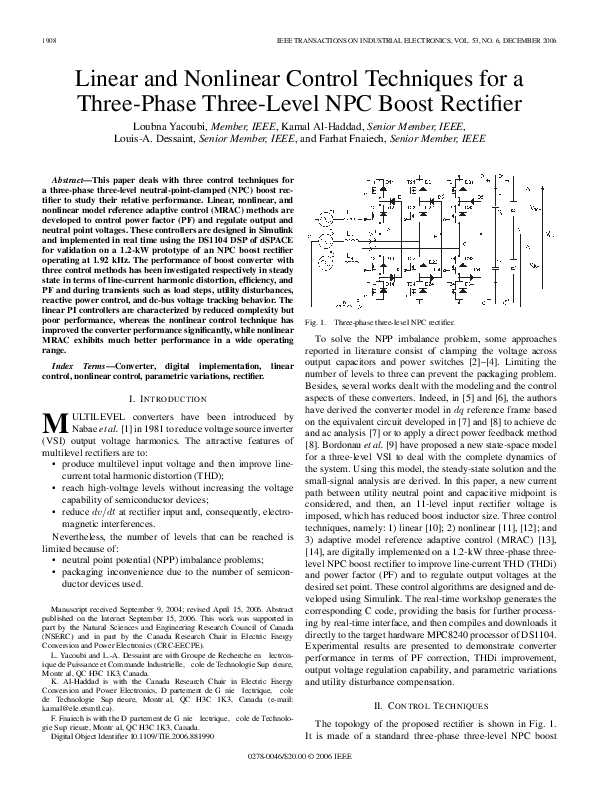 (PDF) Linear and Nonlinear Control Techniques for a Three-Phase Three ...