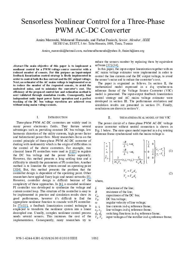 (PDF) Sensorless nonlinear control for a three-phase PWM AC-DC converter | Farhat Fnaiech ...