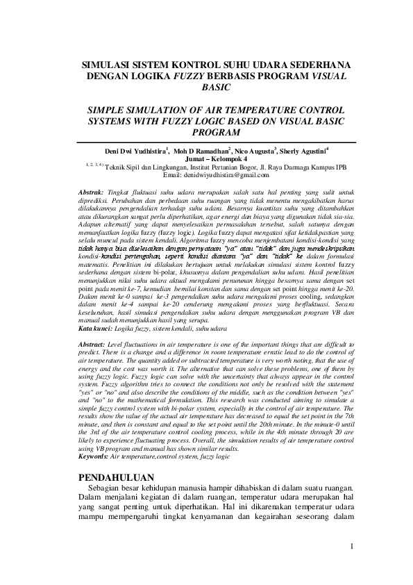 Pdf Simulasi Sistem Kontrol Suhu Udara Sederhana Dengan Logika Fuzzy Berbasis Program Visual Basic