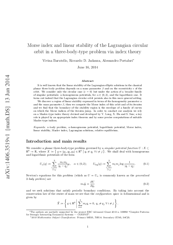 (PDF) Morse Index and Linear Stability of the Lagrangian Circular Orbit in a Three-Body-Type ...