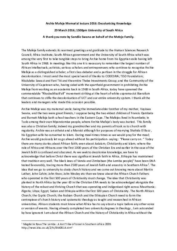 (PDF) Archie Mafeje Memorial lecture 2016: Decolonising Knowledge