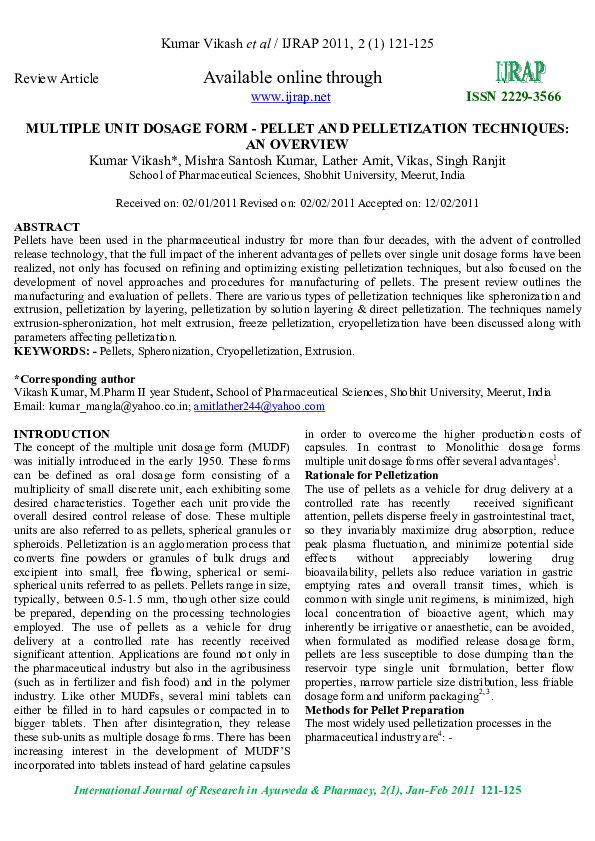 (PDF) MULTIPLE UNIT DOSAGE FORM -PELLET AND PELLETIZATION TECHNIQUES ...
