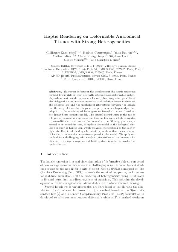 (PDF) Haptic Rendering on Deformable Anatomical Tissues with Strong Heterogeneities | Yann ...