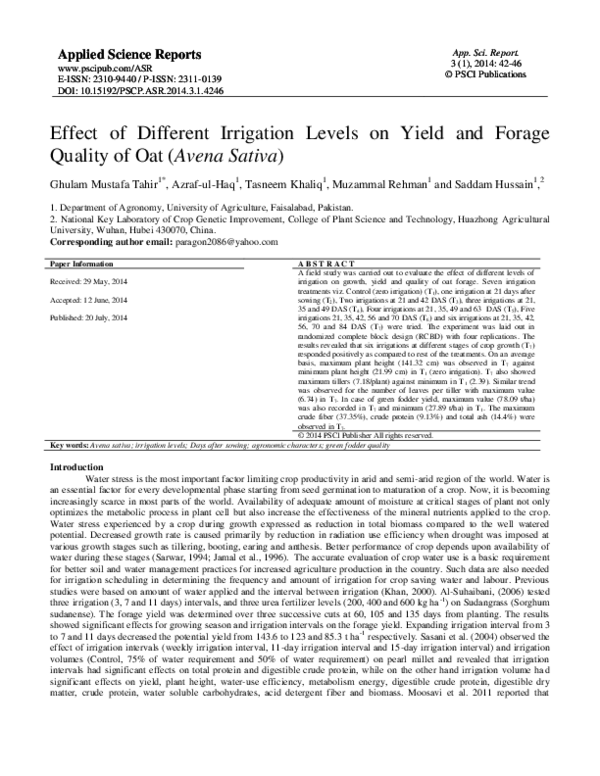Pdf Effect Of Different Irrigation Levels On The Yield And Yield