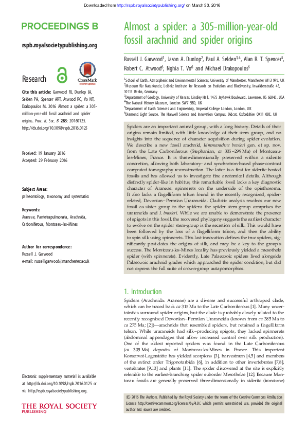 (PDF) Almost a spider: a 305-million-year-old fossil arachnid and ... (PDF) Almost a spider: a 305-million-year-old fossil arachnid and ...