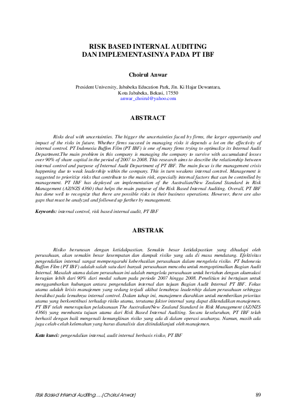(PDF) RISK BASED INTERNAL AUDITING DAN IMPLEMENTASINYA PADA PT IBF