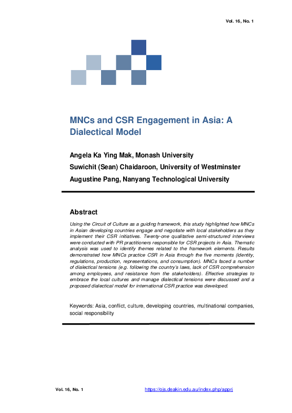 (PDF) MNCs and CSR Engagement in Asia: A Dialectical Model