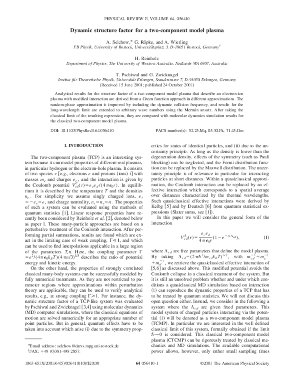 (PDF) Dynamic structure factor for a two-component model plasma