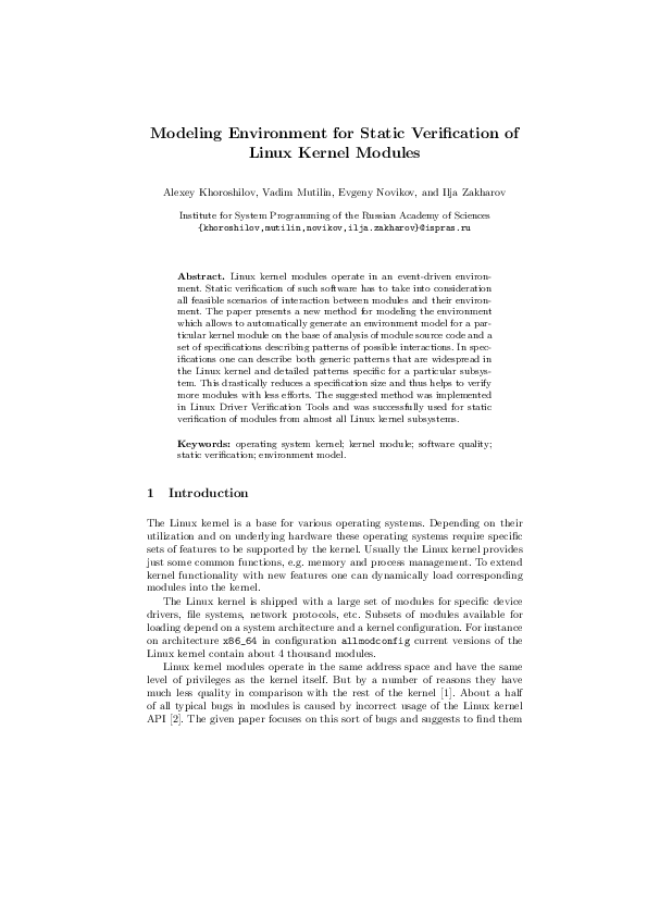 (PDF) Modeling environment for static verification of Linux kernel modules