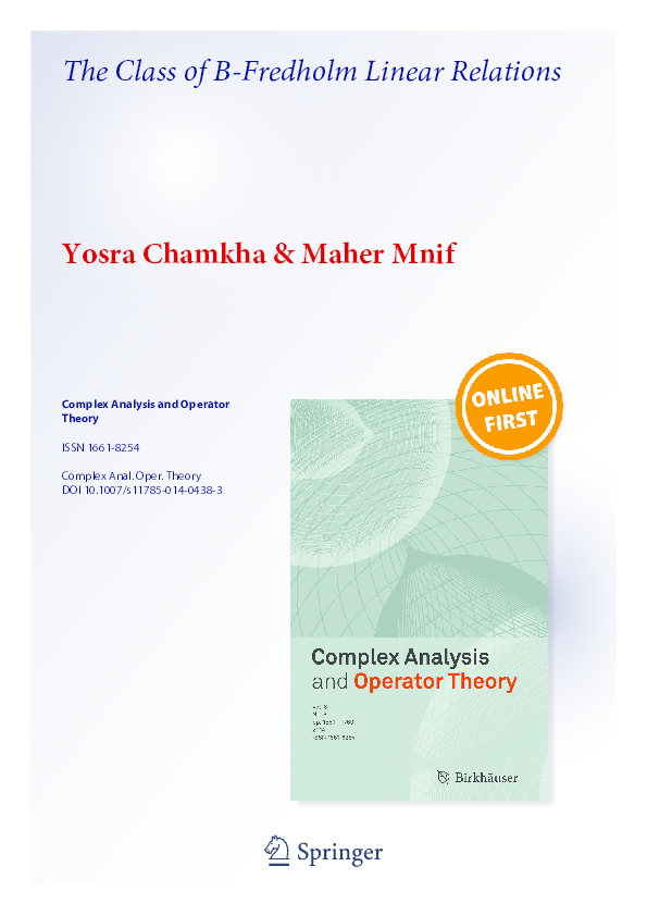 (PDF) Complex Analysis and Operator Theory The Class of B-Fredholm Linear Relations