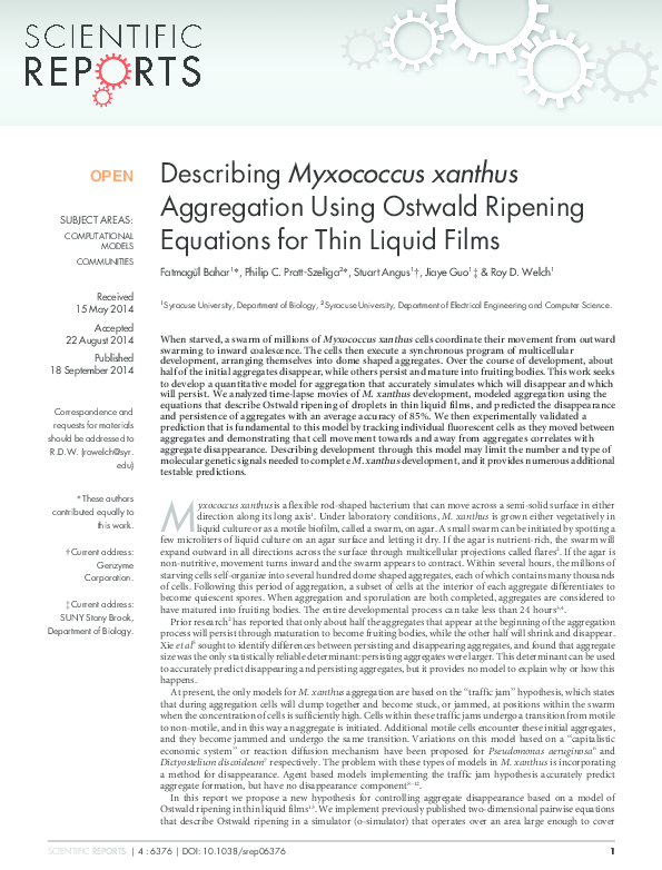 (PDF) Describing Myxococcus xanthus Aggregation Using Ostwald Ripening Equations for Thin Liquid ...