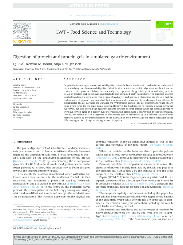 (PDF) Digestion of protein and protein gels in simulated gastric ...