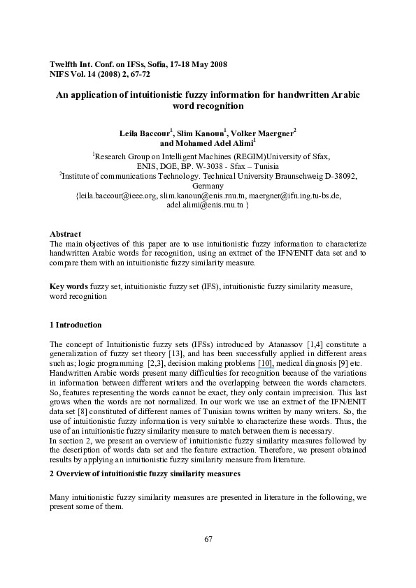 (PDF) An Application of Intuitionistic Fuzzy Information for Handwritten Arabic Word Recognition