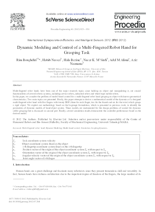 (PDF) Dynamic Modeling and Control of a Multi-Fingered Robot Hand for Grasping Task
