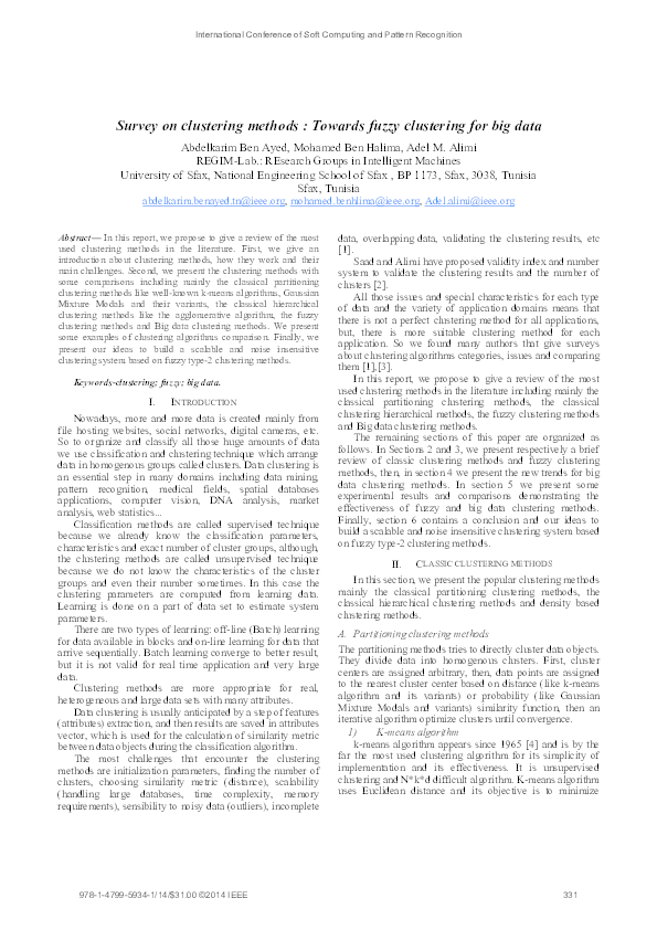 (PDF) Survey on clustering methods: Towards fuzzy clustering for big data (PDF) Survey on clustering methods: Towards fuzzy clustering for big data