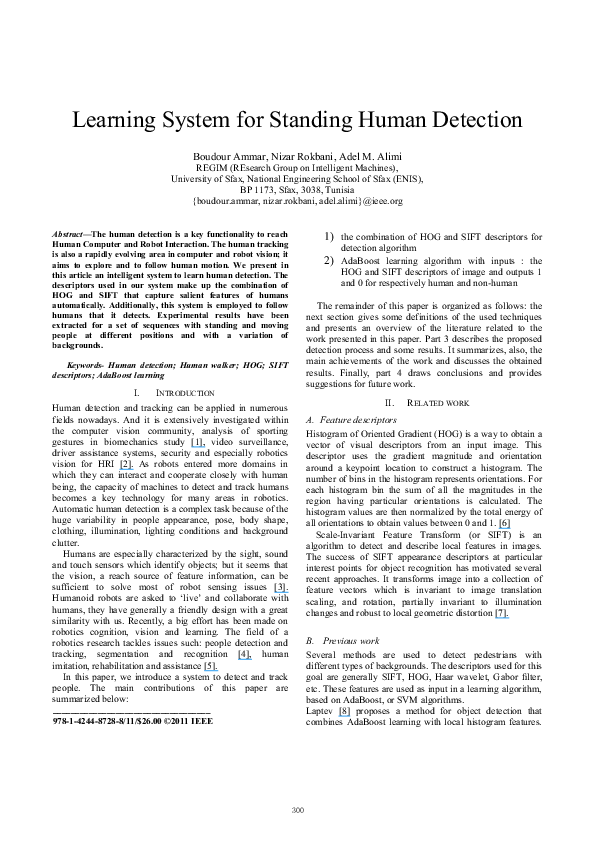 (PDF) Learning system for standing human detection