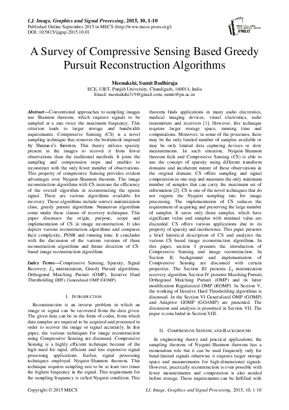 (PDF) A Survey of Compressive Sensing Based Greedy Pursuit Reconstruction Algorithms