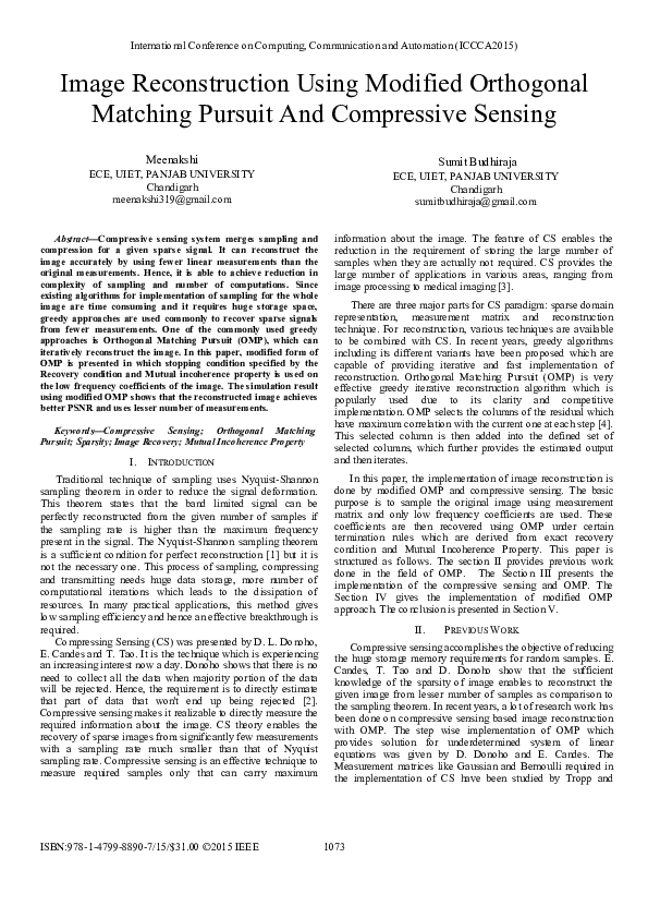 Pdf Image Reconstruction Using Modified Orthogonal Matching Pursuit