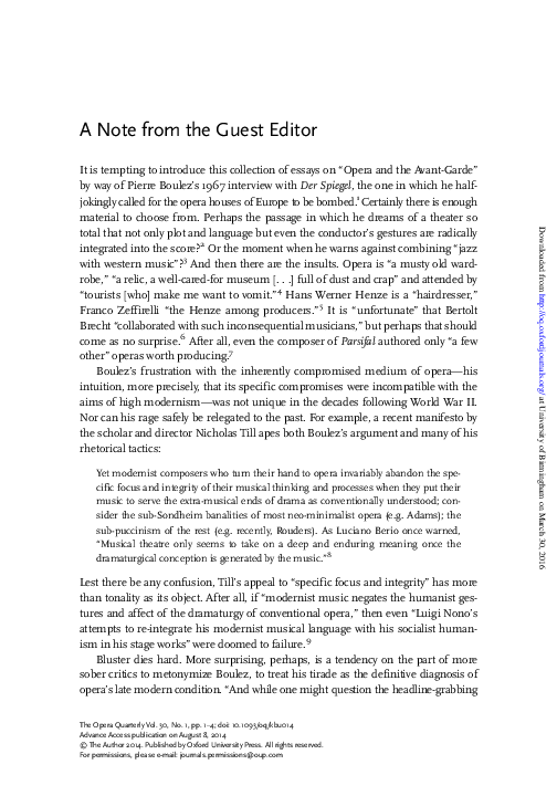 (PDF) A Note from the Guest Editor (introduction to "Opera and the ...