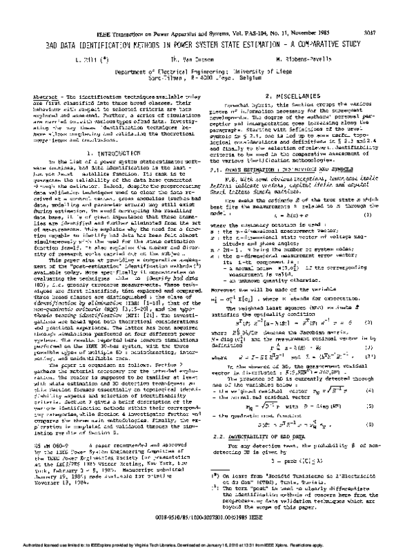 Bad Data Identification Methods In Power System State Estimation A