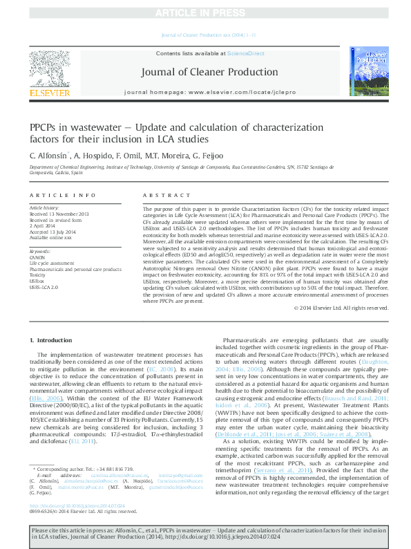 (PDF) PPCPs in wastewater – Update and calculation of characterization ...