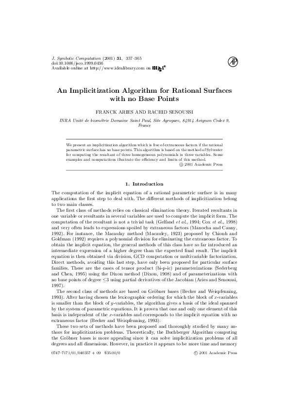 (PDF) An Implicitization Algorithm for Rational Surfaces with no Base Points