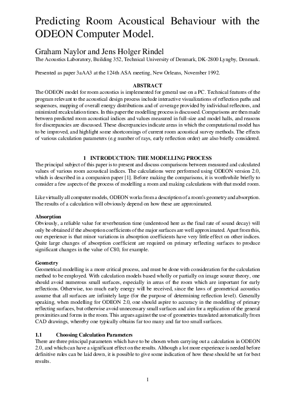(PDF) Predicting room acoustical behavior with the ODEON computer model