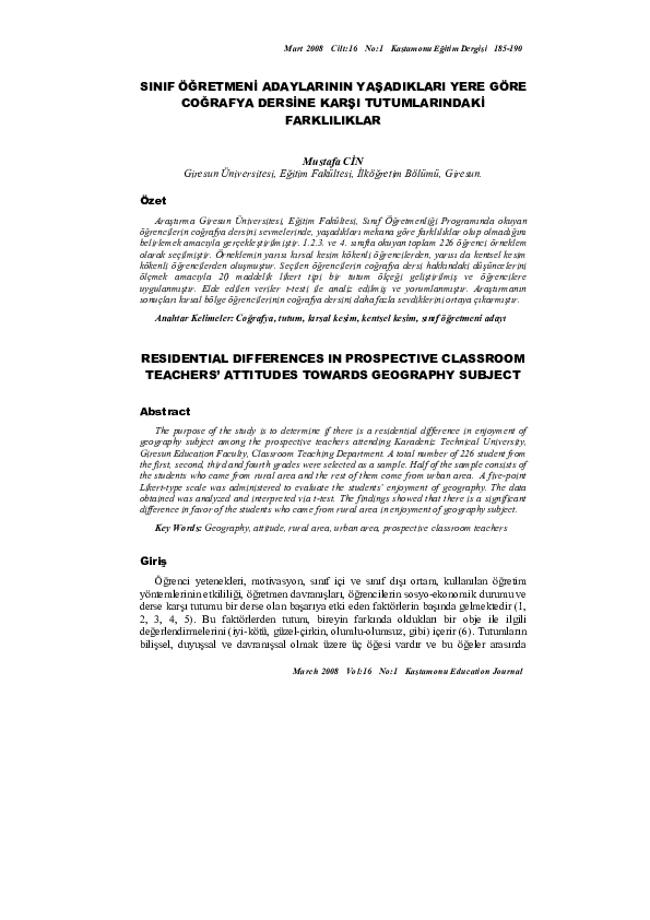 (PDF) SINIF ÖĞRETMENİ ADAYLARININ YAŞADIKLARI YERE GÖRE COĞRAFYA DERSİNE KARŞI TUTUMLARINDAKİ ...