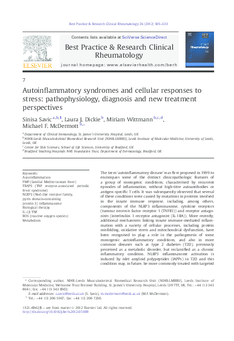(PDF) Autoinflammatory syndromes and cellular responses to stress ...