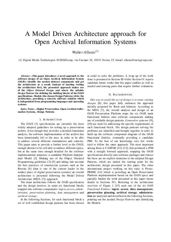 Pdf A Model Driven Architecture Approach For Open Archival Information Systems Walter