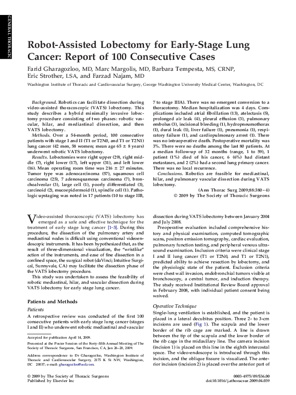 (PDF) Robot-Assisted Lobectomy for Early-Stage Lung Cancer: Report of 100 Consecutive Cases