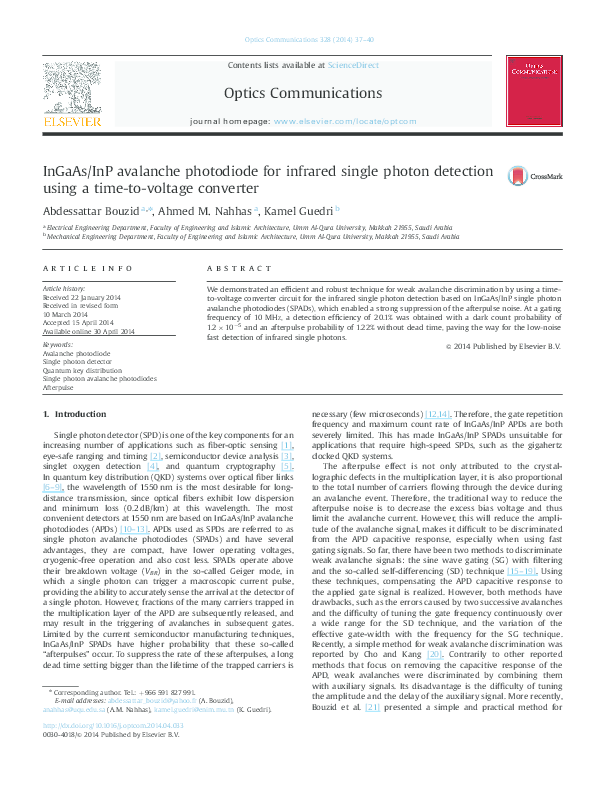 (PDF) InGaAs/InP avalanche photodiode for infrared single photon detection using a time-to ...