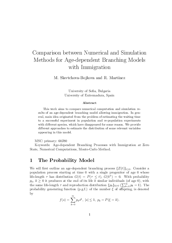 (PDF) Comparison between Numerical and Simulation Methods for Age-dependent Branching Models ...