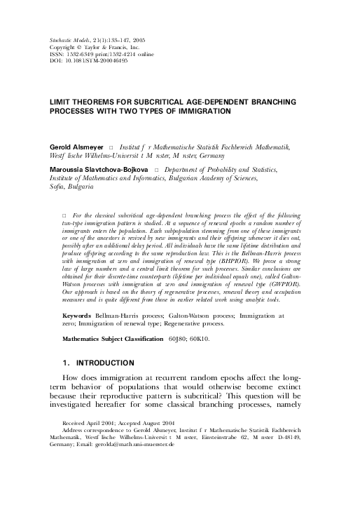 (PDF) Limit Theorems for Subcritical Age-Dependent Branching Processes With Two Types of Immigration