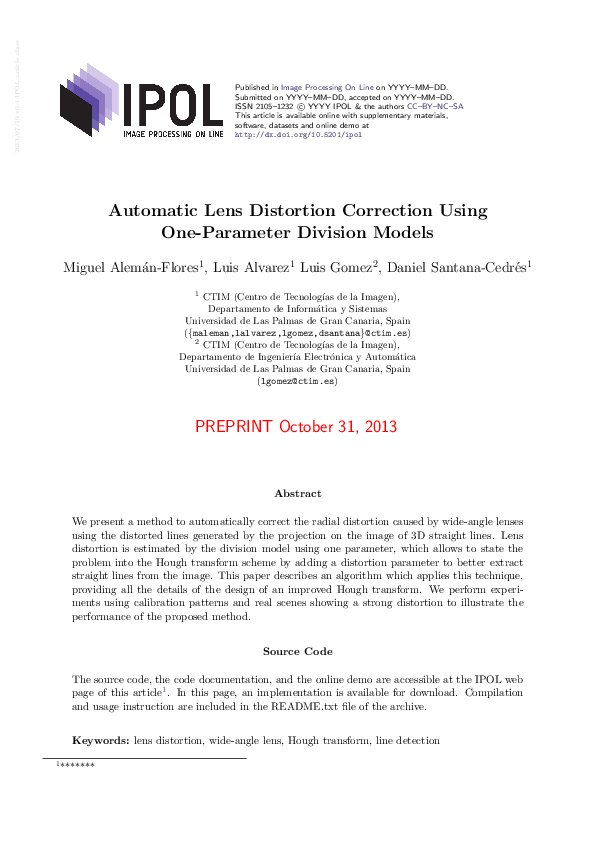 Pdf Automatic Lens Distortion Correction Using One Parameter Division Models