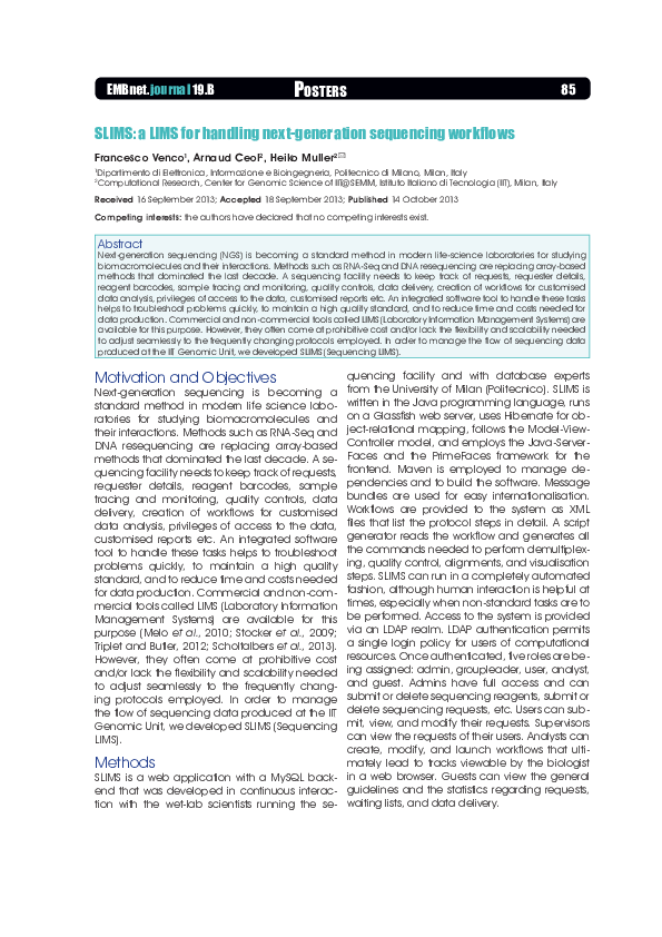 (PDF) SLIMS: a LIMS for handling next-generation sequencing workflows | Arnaud Céol - Academia.edu