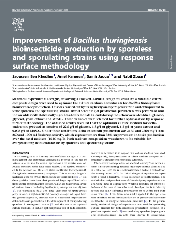 (PDF) Improvement of Bacillus thuringiensis bioinsecticide production by sporeless and ...