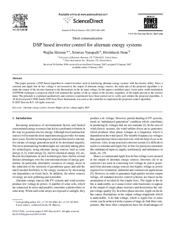 (PDF) DSP based inverter control for alternate energy systems