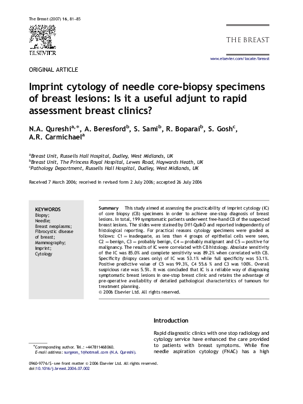 (PDF) Imprint cytology of needle core-biopsy specimens of breast lesion ...
