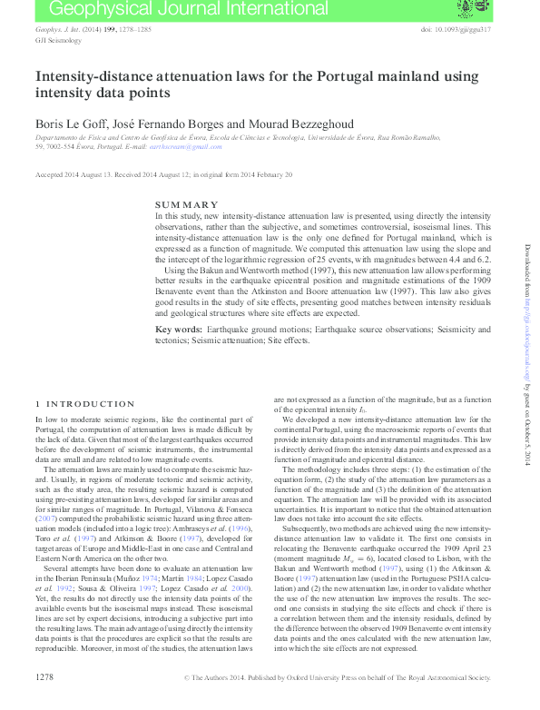 (PDF) Intensity-distance attenuation laws for the Portugal mainland ...