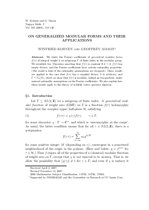 Pdf On Generalized Modular Forms And Their Applications