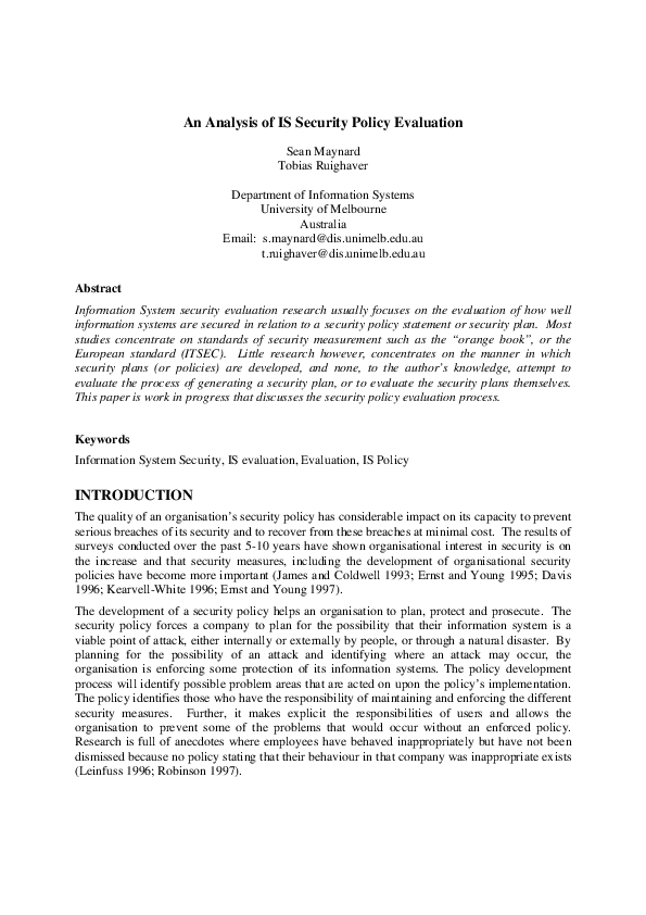 Pdf An Analysis Of Is Security Policy Evaluation Sean B Maynard