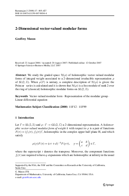 (PDF) 2-Dimensional vector-valued modular forms