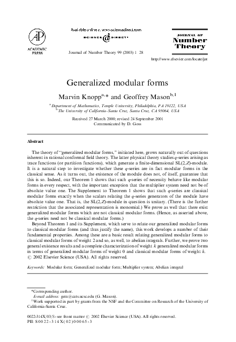 Pdf Generalized Modular Forms
