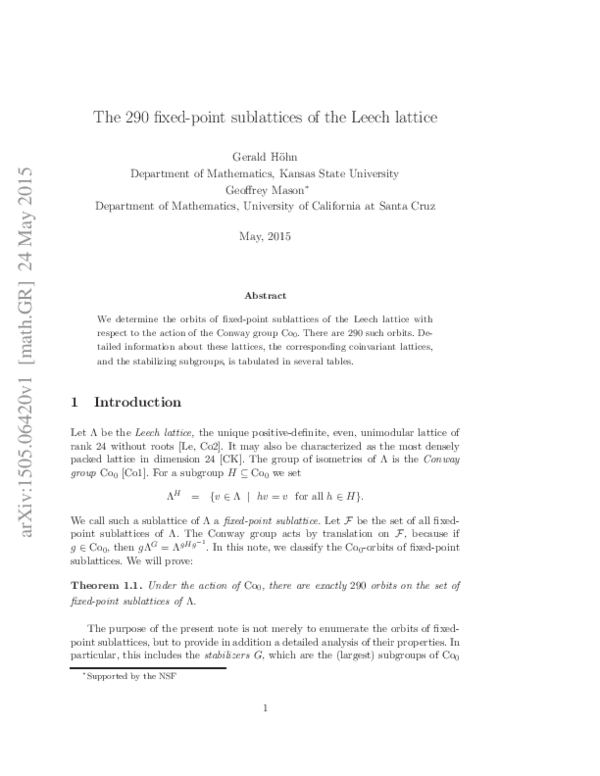 (PDF) The 290 fixed-point sublattices of the Leech lattice
