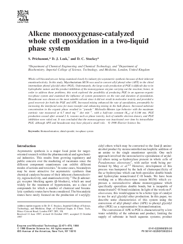 (PDF) Alkene Monooxygenase-Catalyzed Whole Cell Epoxidation in a Two ...