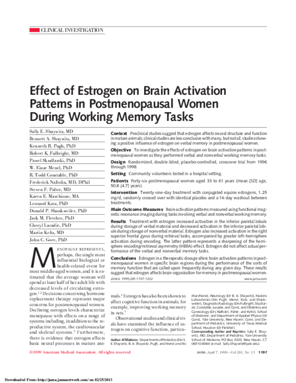 (PDF) Effect of Estrogen on Brain Activation Patterns in Postmenopausal Women During Working ...