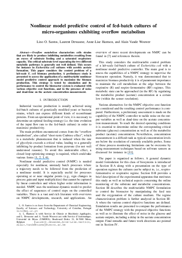 Pdf Nonlinear Model Predictive Control Of Fed Batch Cultures Of Micro