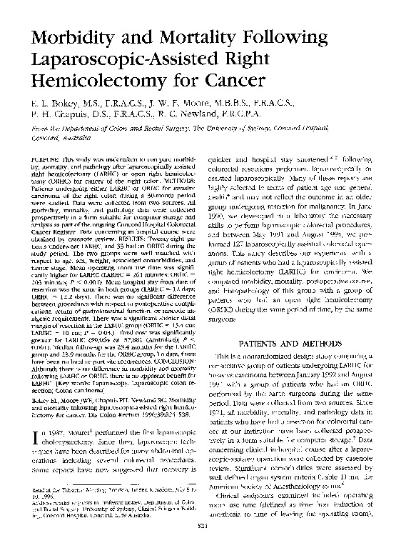 (PDF) Morbidity and mortality following laparoscopic-assisted right hemicolectomy for cancer