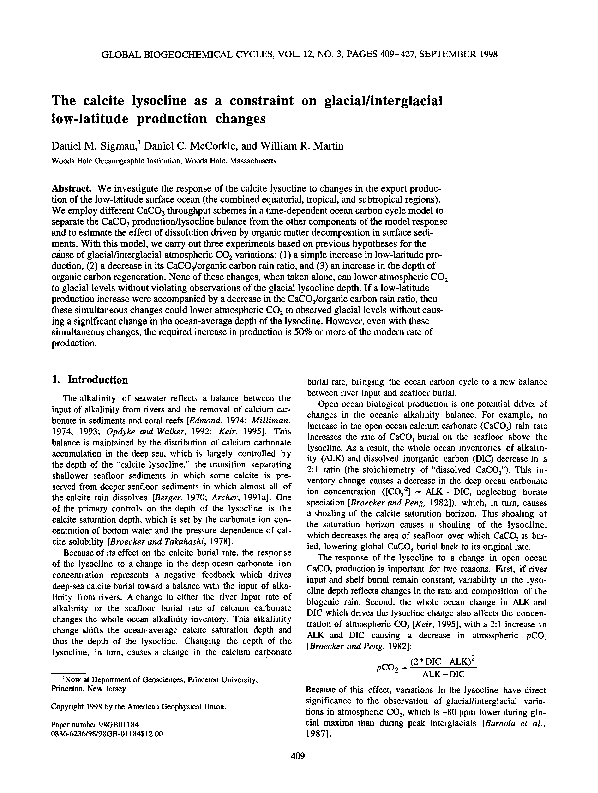 (PDF) The calcite lysocline as a constraint on glacial/interglacial low ...